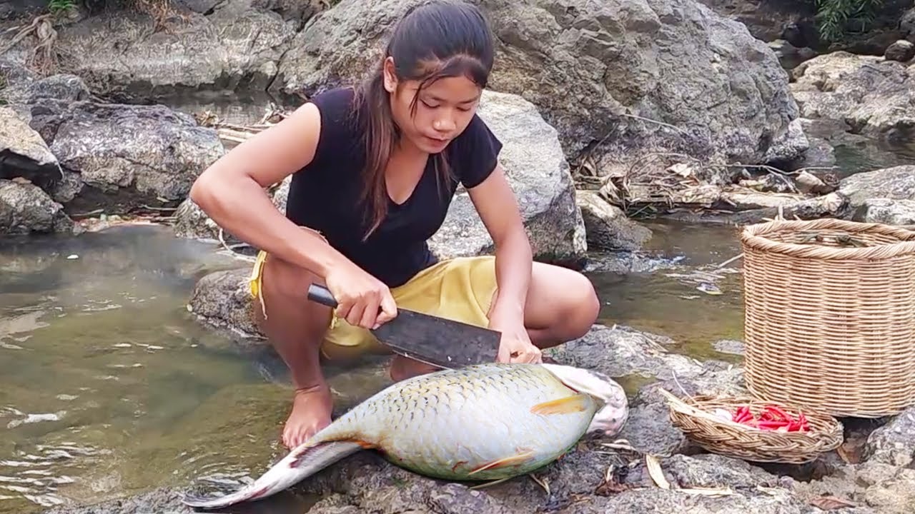 Yummy Biggest Fish! Cooking big fish with Eggs for survival food while ...