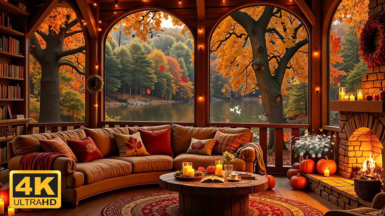 Cozy Fall Cabin by the Lake 🍂 Gentle Piano Music & Fireplace Ambience ...