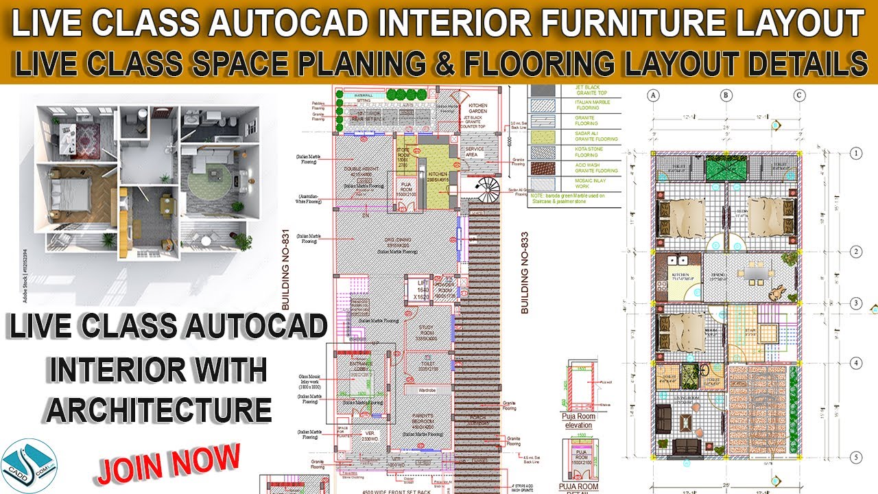Live Class Autocad Interior Space Planning & Flooring Material Layout ...