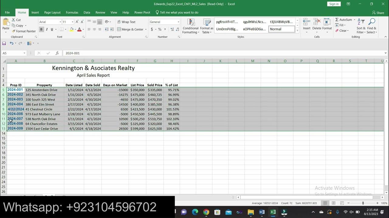 Exp22_Excel_Ch01_ML2_Sales | Excel Chapter 1 Mid-Level 2 - Real Estate Sales Report Mylab ...