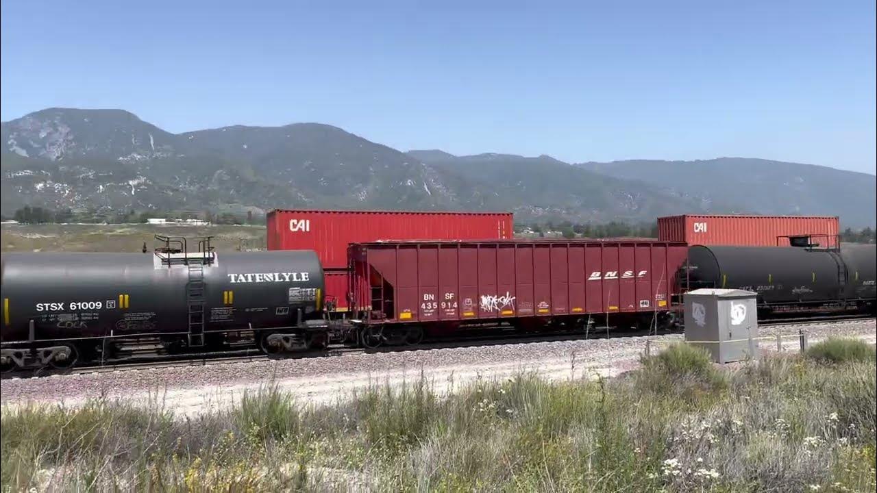 BNSF Manifest Train Up Against Steel Container Curtin Backdrop. Amazing Cajon Pass Scenery 4KHDR ...