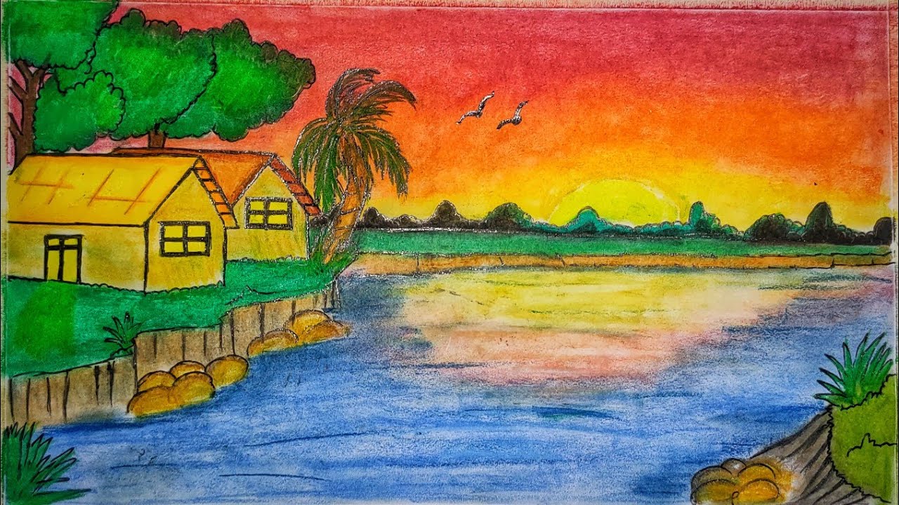 How to Draw Scenery of Sunset Landscape with Oil Pastel Step by Step ...