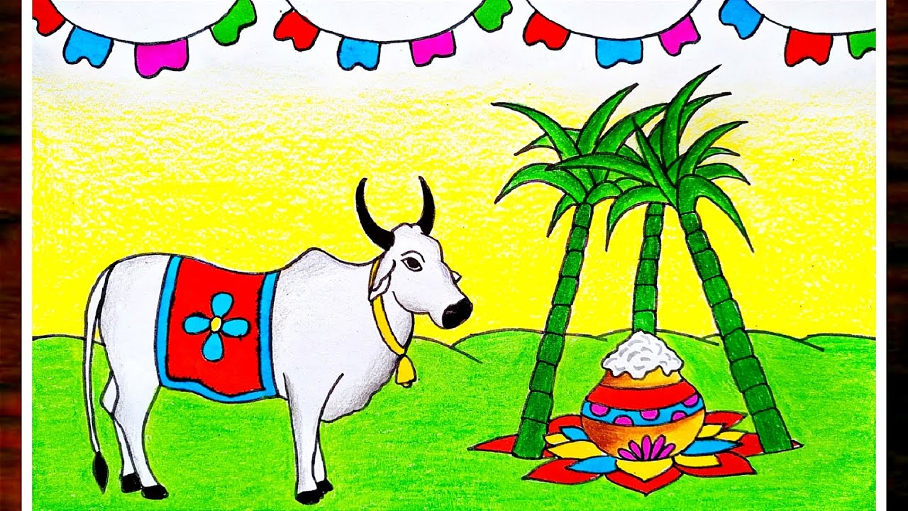 Pongal Festival Drawing|How To Draw Pongal Cow And Pot For Beginners ...