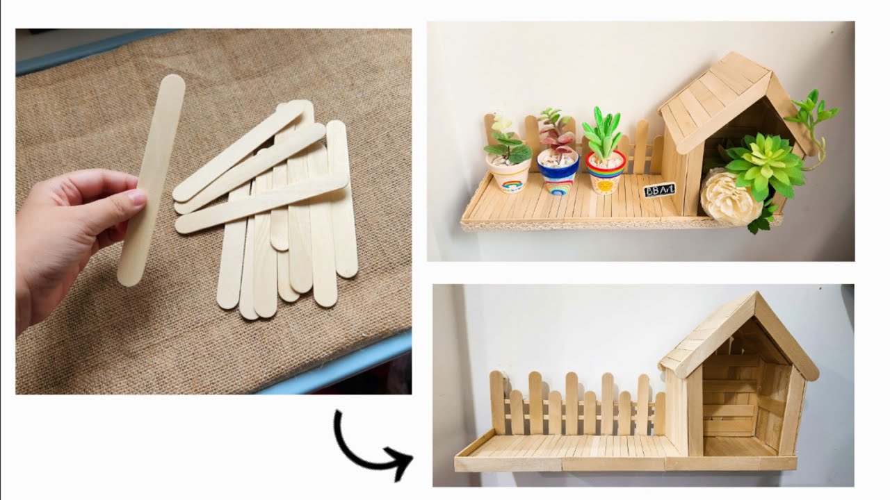 DIY Hanging Shelves using icecream sticks | Handmade mini house from ...