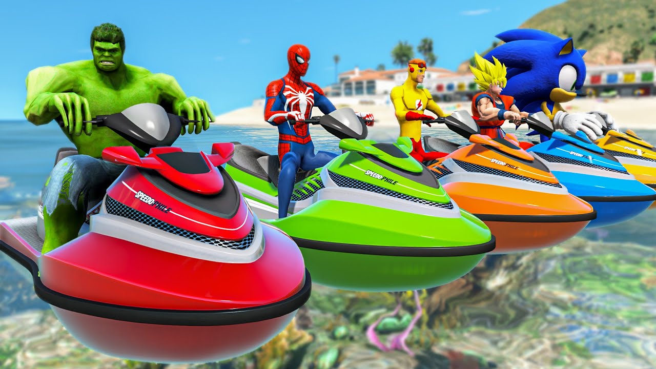 JET SKI Water Racing - Spiderman, Goku & Sonic The Hedgehog Beach Ramp ...