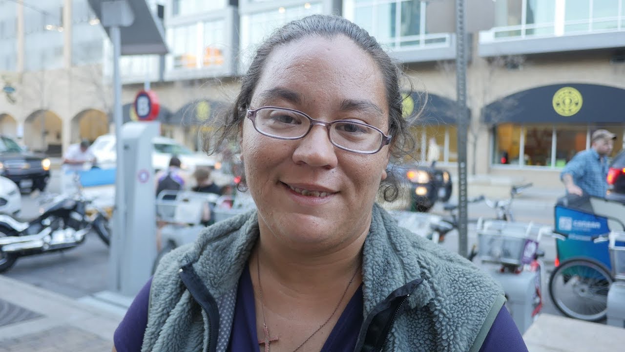 Homeless woman lives in a tent homeless in Austin, Texas. The night ...