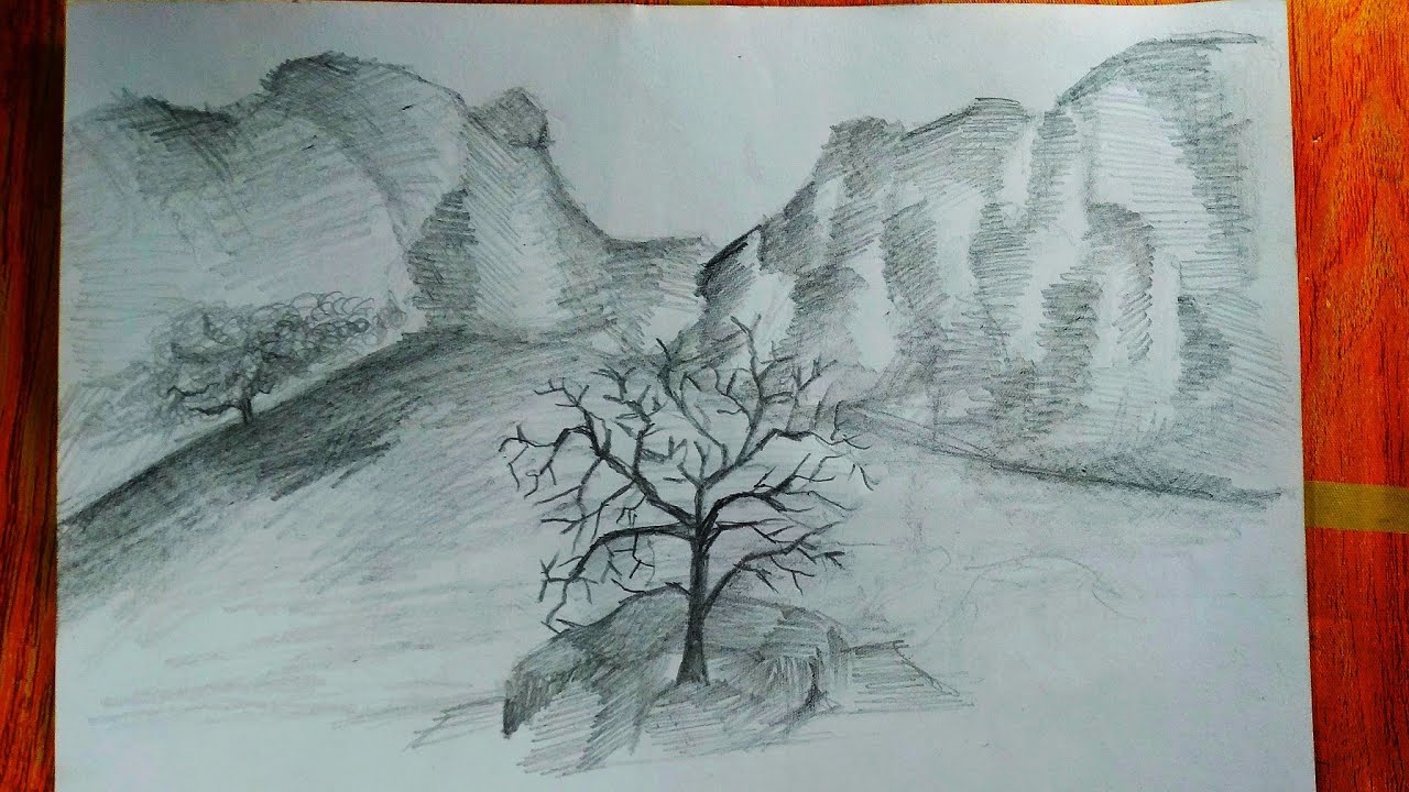 how to draw a mountain view from the corner of a lake step by step ...