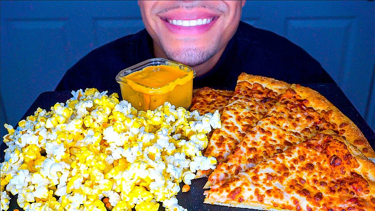 ASMR Pizza and Popcorn with Cheese Sauce Eating *BIG BITES* Mukbang ...