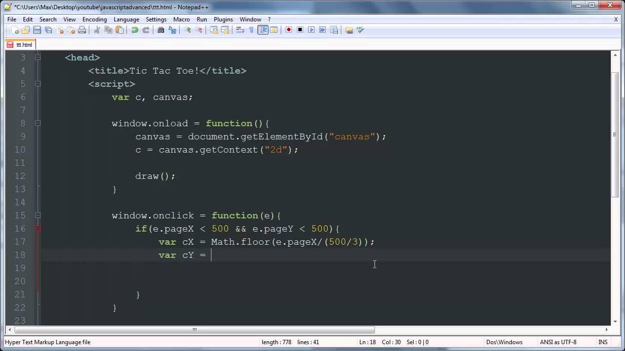 Draw & OnClick - Tic Tac Toe JavaScript & HTML5 Canvas Game Development Tutorial 2 - YouTube