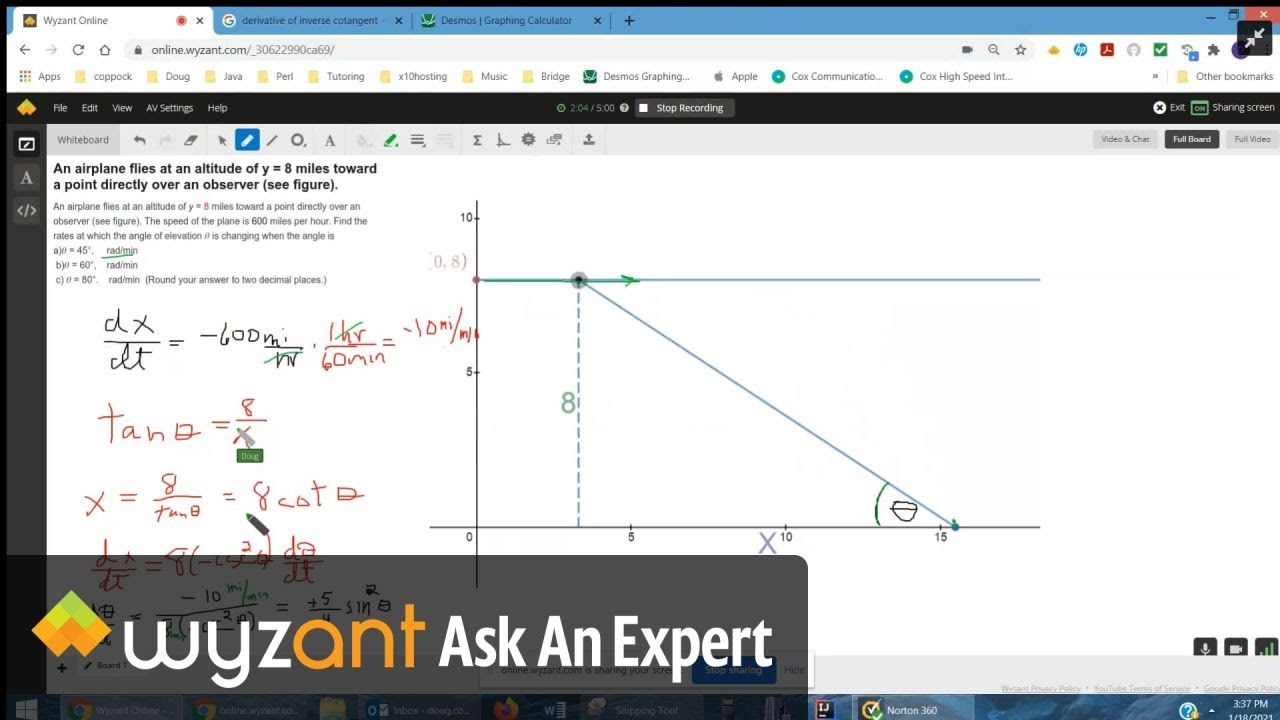Find rate of change of angle of elevation given rate of plane flying ...