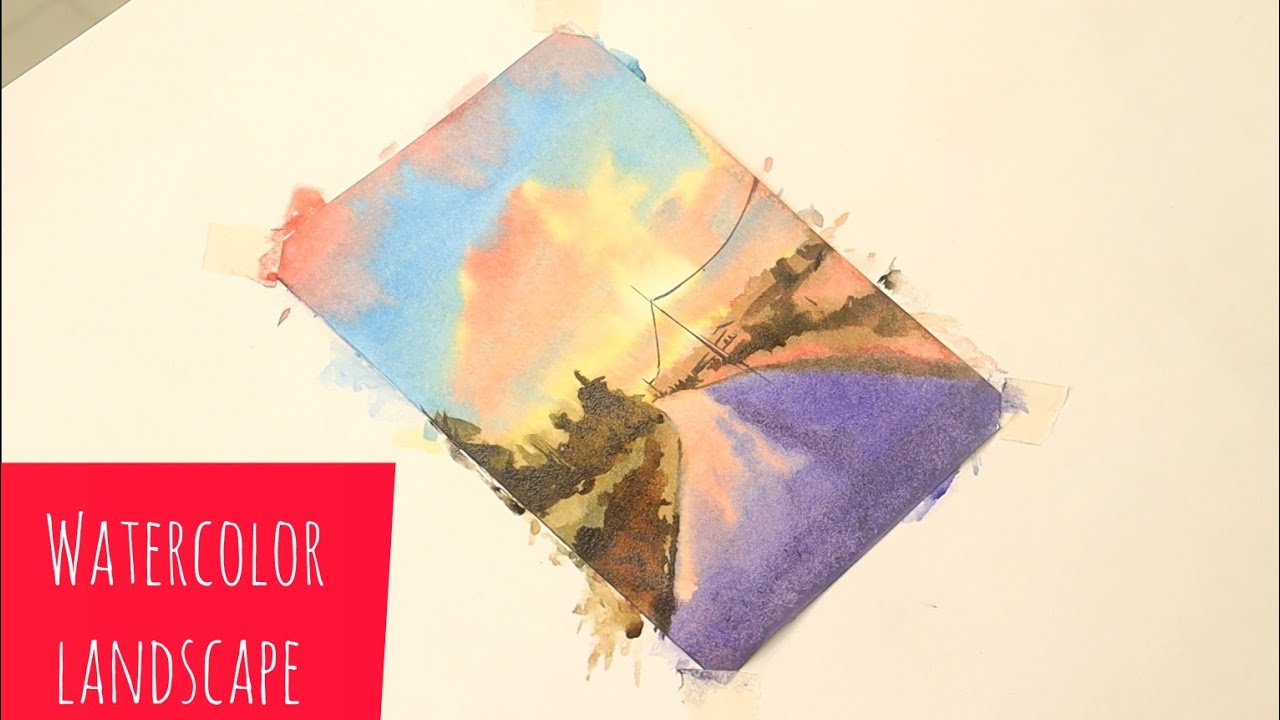Watercolor landscape without timelapse video | learn the flow of water ...