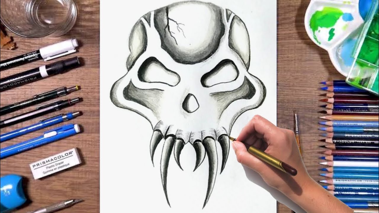 How to draw Halloween vampire skull - YouTube