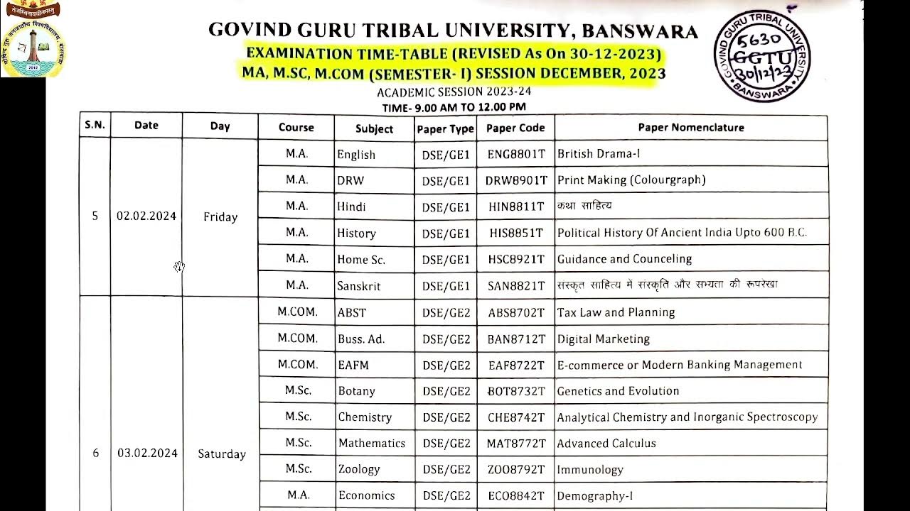 GGTU Banswara PG&UG Revised Exam Time Table | M.A., M.Sc., M.Com, B.A. B.Sc., B.Com. Semester 1 ...