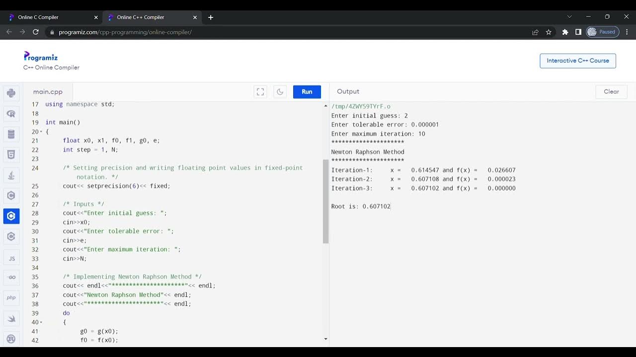 newton raphson method using C++ - YouTube