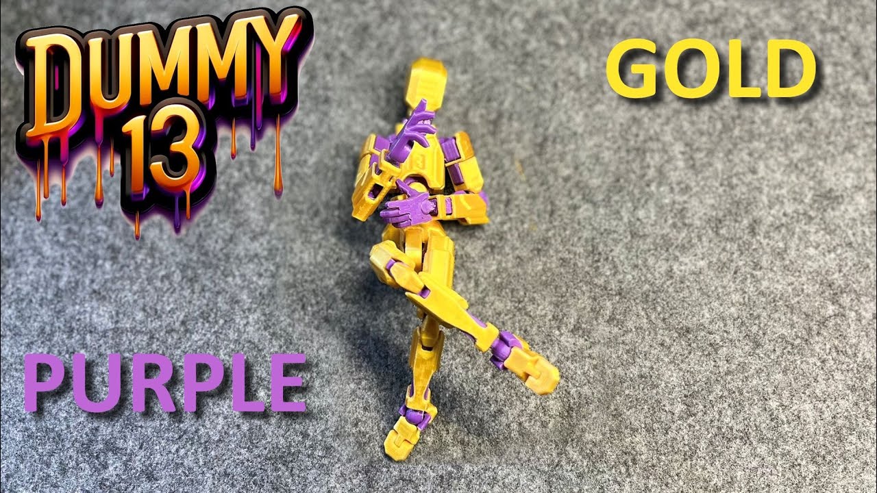 3D printed articulated purple and gold Dummy 13, lucky 13 figure - YouTube