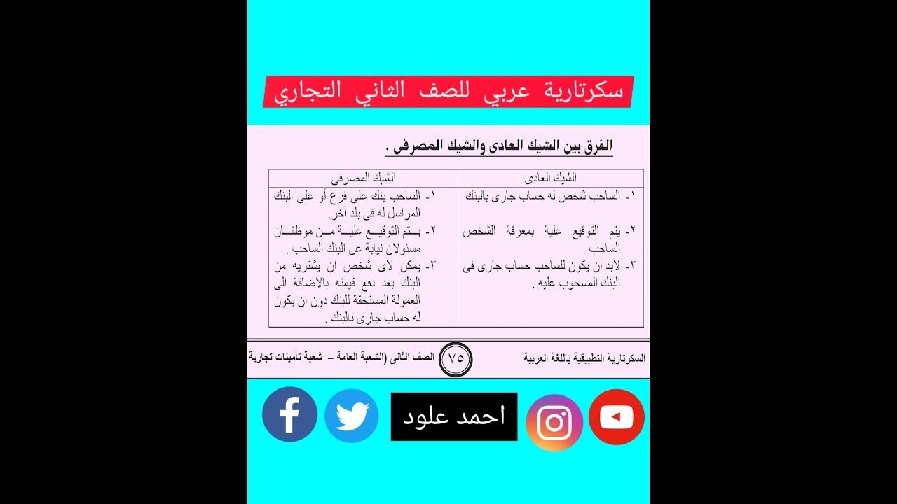 الفرق بين الشيك العادي والشيك المصرفي سكرتارية للصف الثاني التجاري Youtube