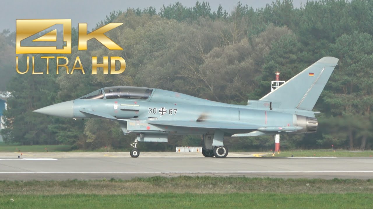 (4K) Eurofighter Typhoon T Luftwaffe German Air Force 30+67 departure ...
