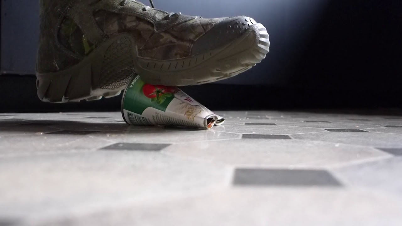 Crushing a can with paintball boots - YouTube