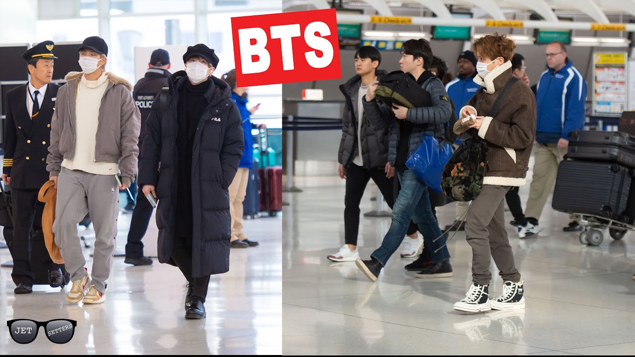BTS spotted walking thru airport with pilot in NYC - YouTube