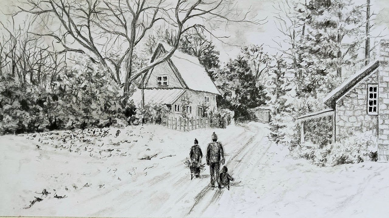 Easy Winter Season Landscape Village Scenery Drawing : Pencil Art - YouTube