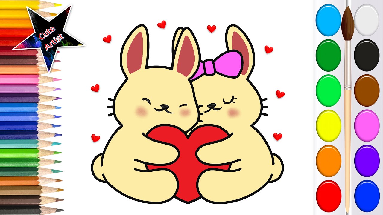 How to Draw a Cute Hugging Rabbits - Happy Valentine's Day Step by Step ...