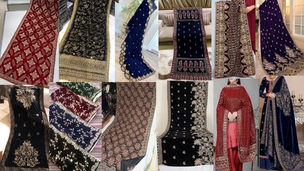 Latest And Stylish Velvet Shawl designs 👌.Embroidered velvet shawl ...