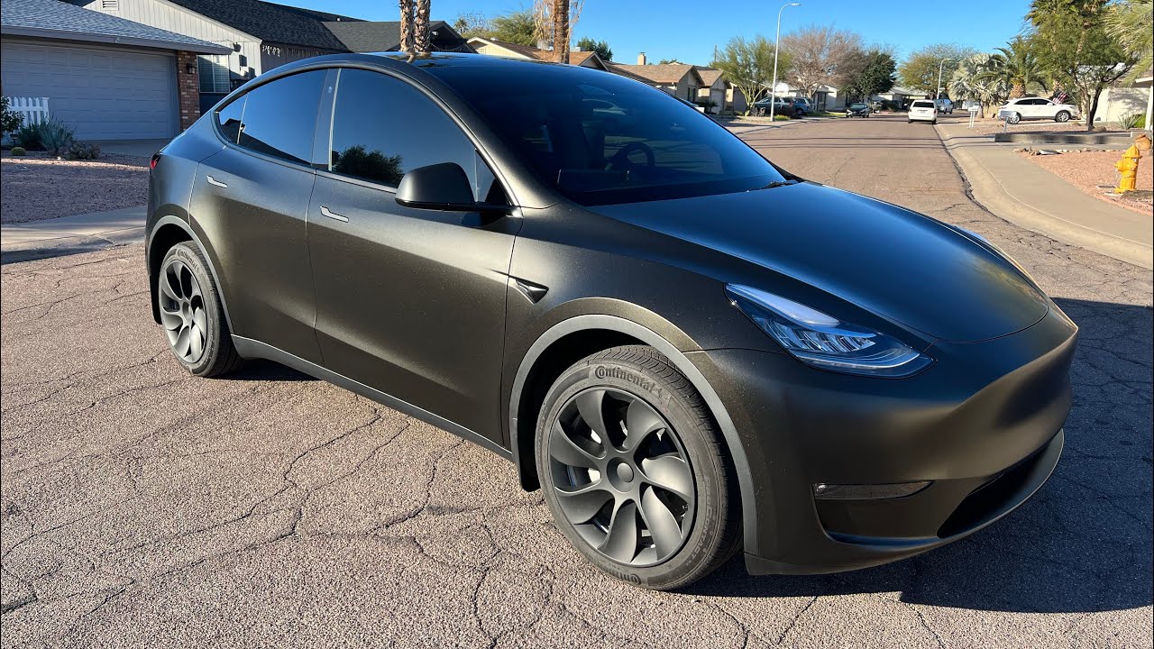 3M Satin Gold Dust Vinyl Wrap on a Tesla Model Y (reveal) - YouTube