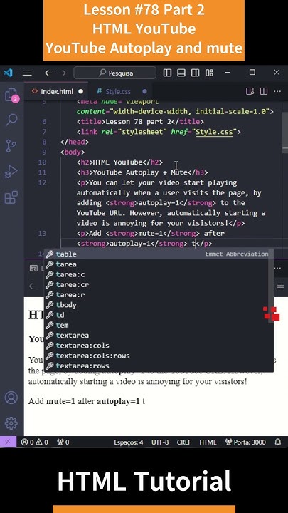 HTML Tutorial - Lesson 78: HTML YouTube - YouTube autoplay and mute Part 2 #html5 #htmltutorial ...