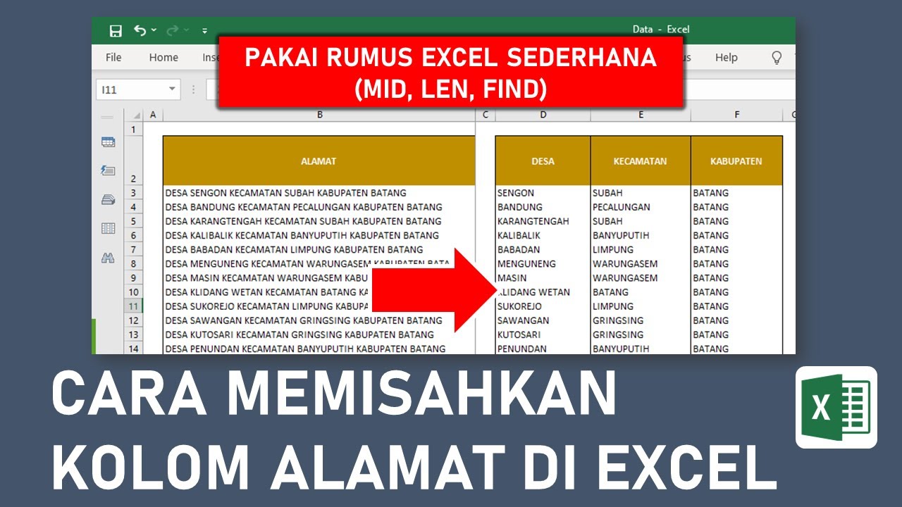 Cara Memisahkan Alamat di Excel dengan Rumus MID, LEN, FIND - YouTube