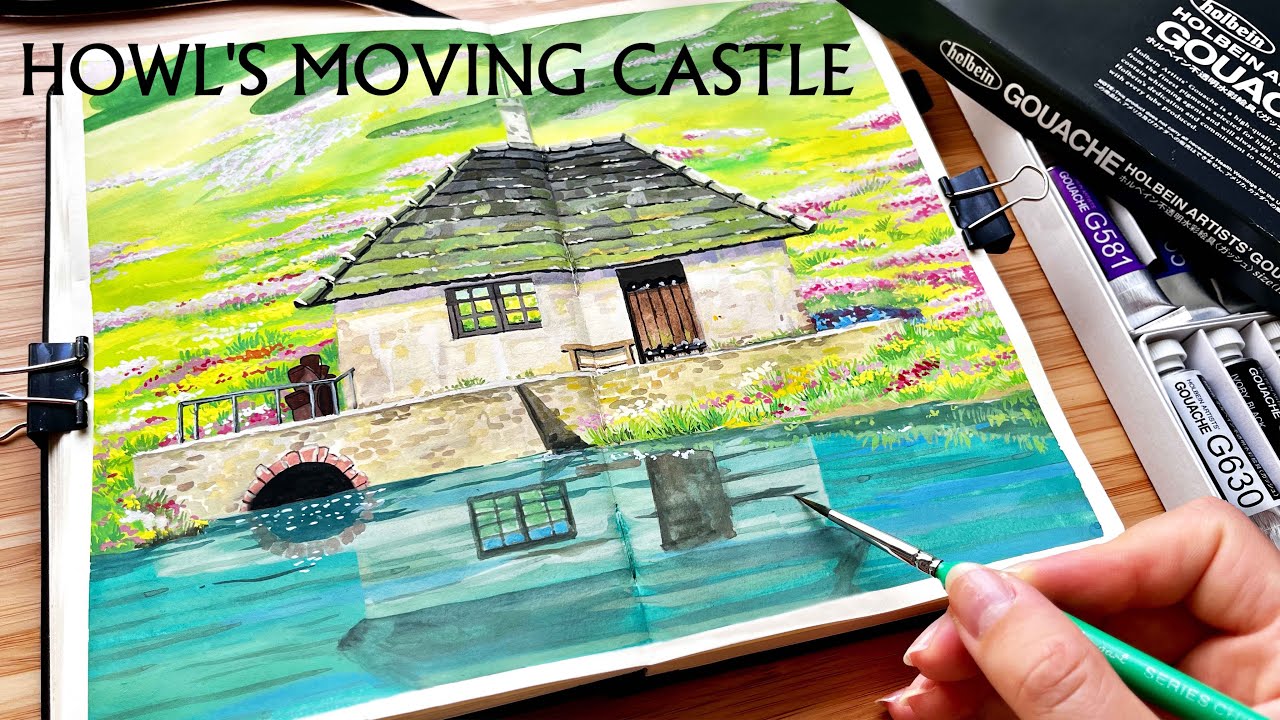 Howl's Moving Castle Landscape Painting | Holbein Gouache Unboxing🍀 ...