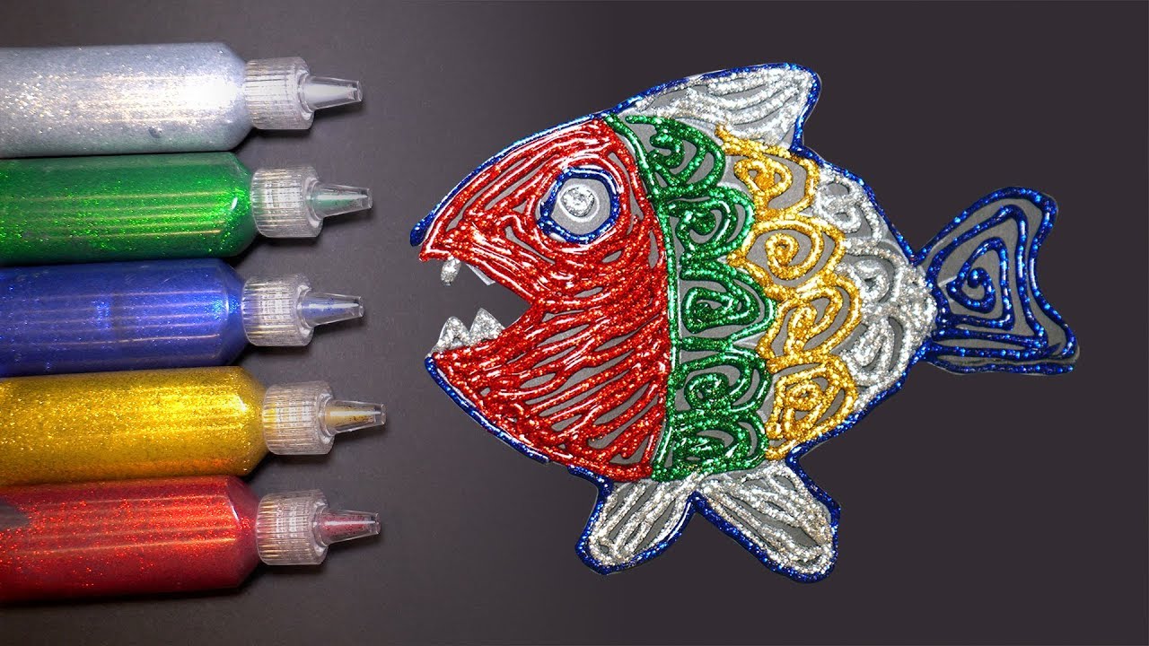 How To Drawing Fish with Glitter | Glitter Coloring Fish by Heart Toy ...