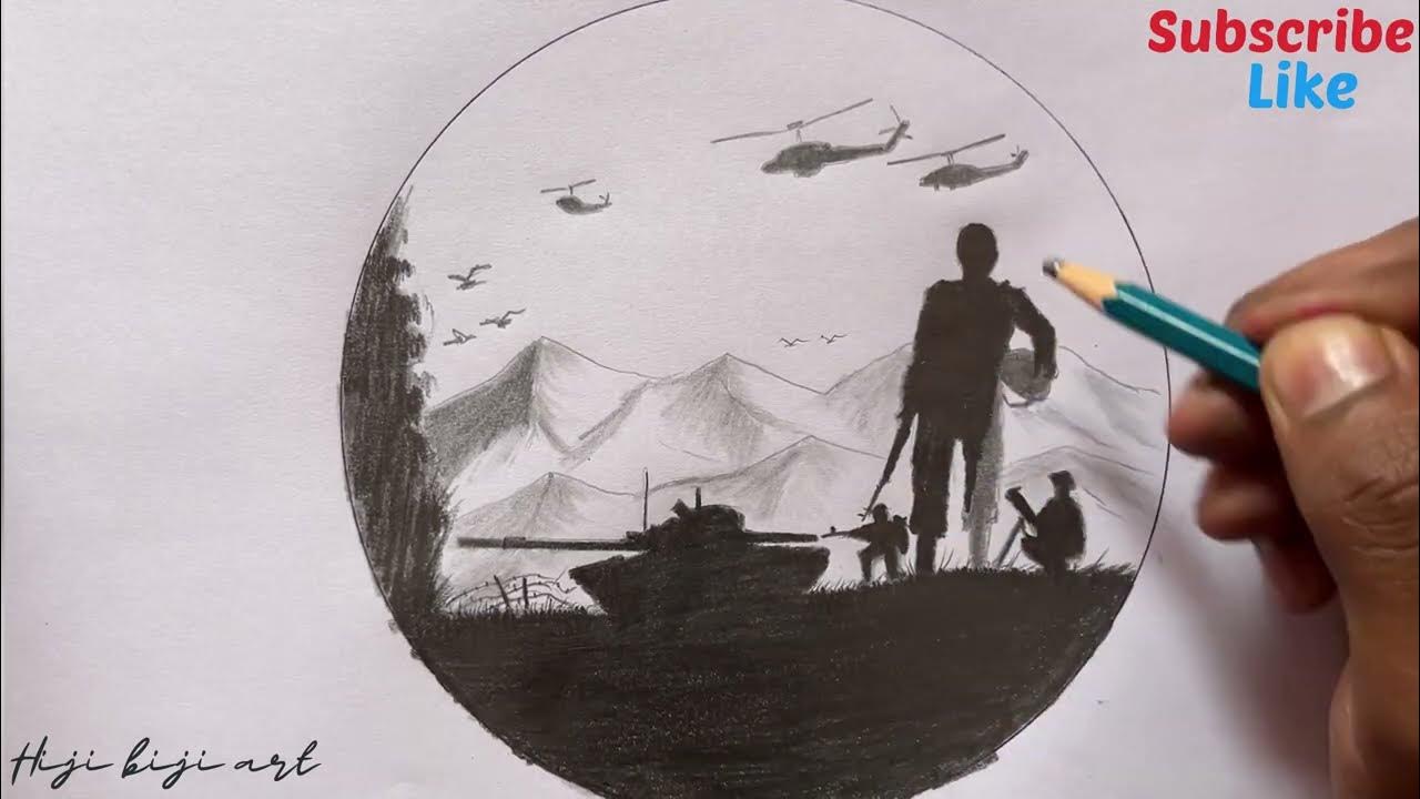 How to draw battlefield soldier in a circle / step by step war scenery ...