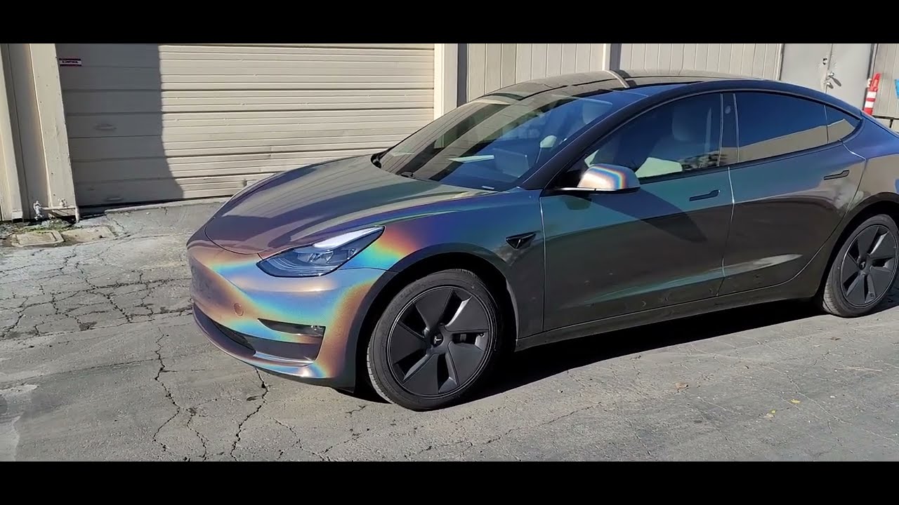 Tesla 3 wrapped in Gloss Prismatic Grey Metallic - YouTube