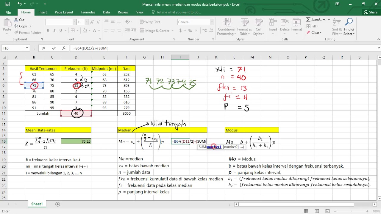 Mencari nilai mean, median dan modus pada data berkelompok dengan excel ...