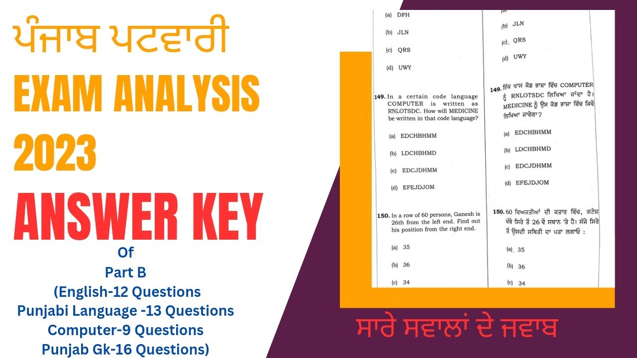 Punjab Patwari Answer Key 2023/Punjab Patwari Exam Analysis 2023/PSSSB ...