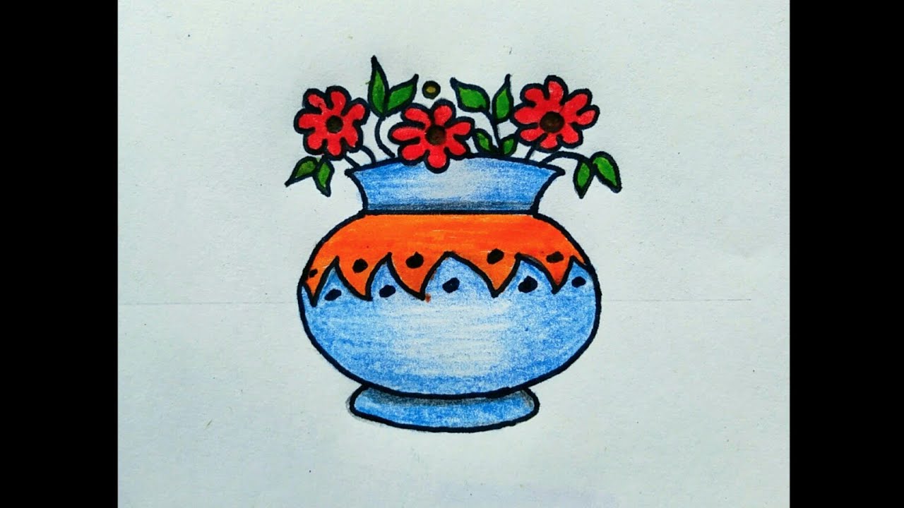 Flower pot drawing step by step - Flower vase drawing easy - YouTube