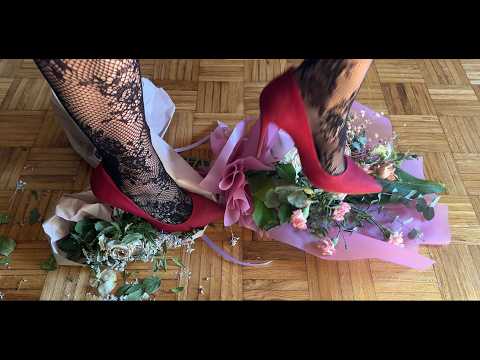 Heels crush flowers - ASMR crushing and trampling flowers in red heels