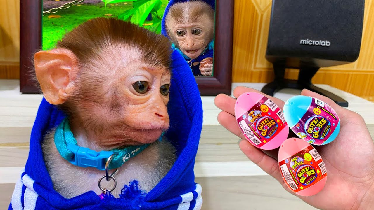 Monkey Baby Bin Bin open Yummy Kinder Surprise Egg contain toys and ...