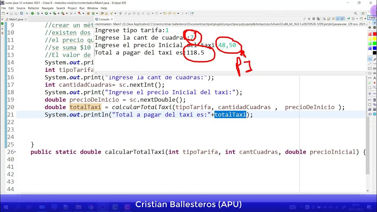 Metodo Return en JAVA calcular la tarifa apagar de un taxi pasando el ...