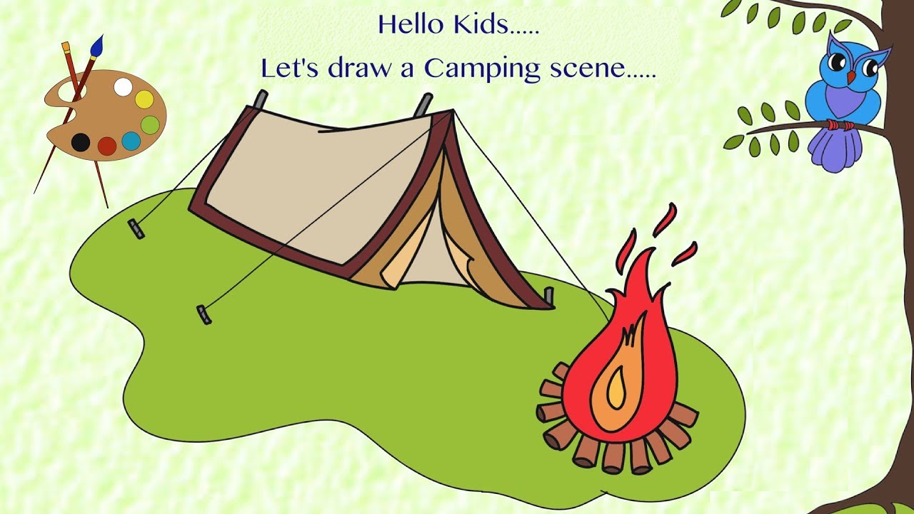 How to draw | Camping Scene | Draw Camp fire and an Owl | Drawing and ...