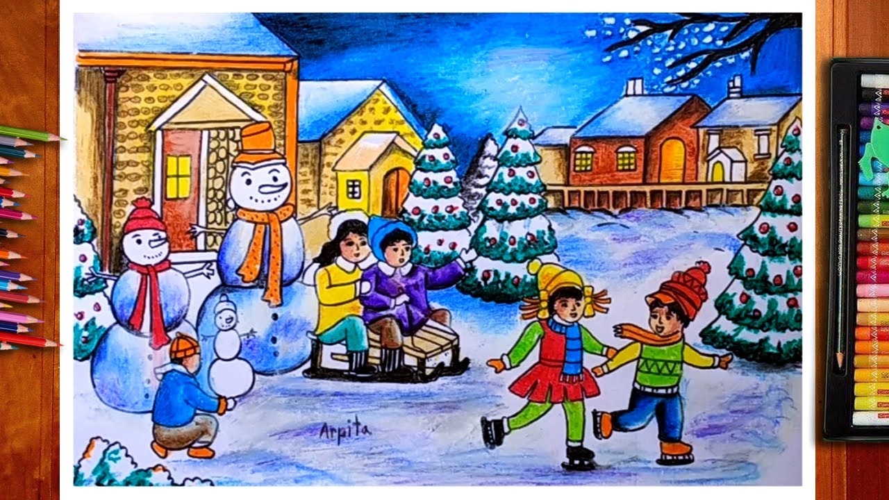 Winter Season Drawing | How To Draw Winter Season Scenery | Snowman ...