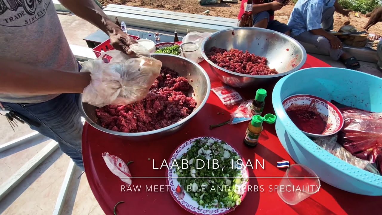 How to make Laab Dib Isaan Thailand raw meat specialty. - YouTube