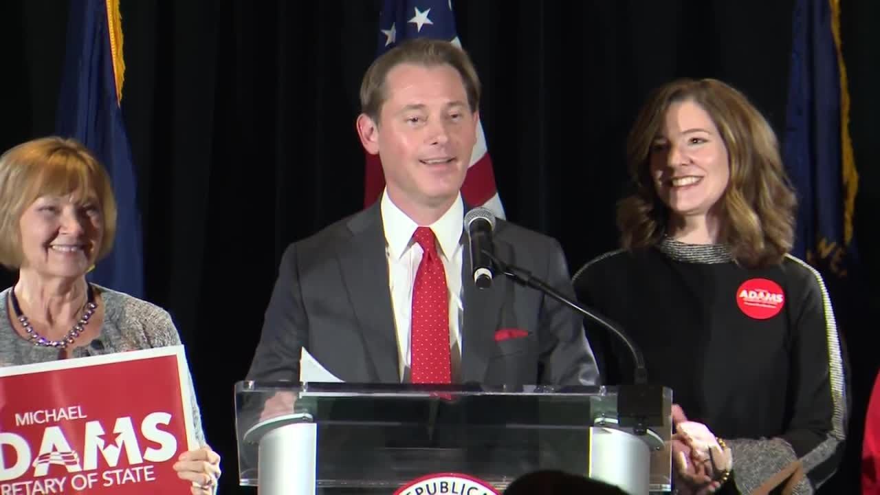 Republican Michael Adams gives speech after winning reelection for KY ...