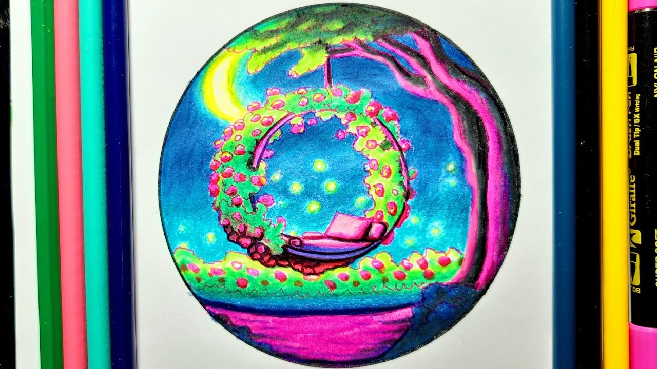 Drawing Night Time /Scenery Drawing/Romance Time drawing/Colored ...