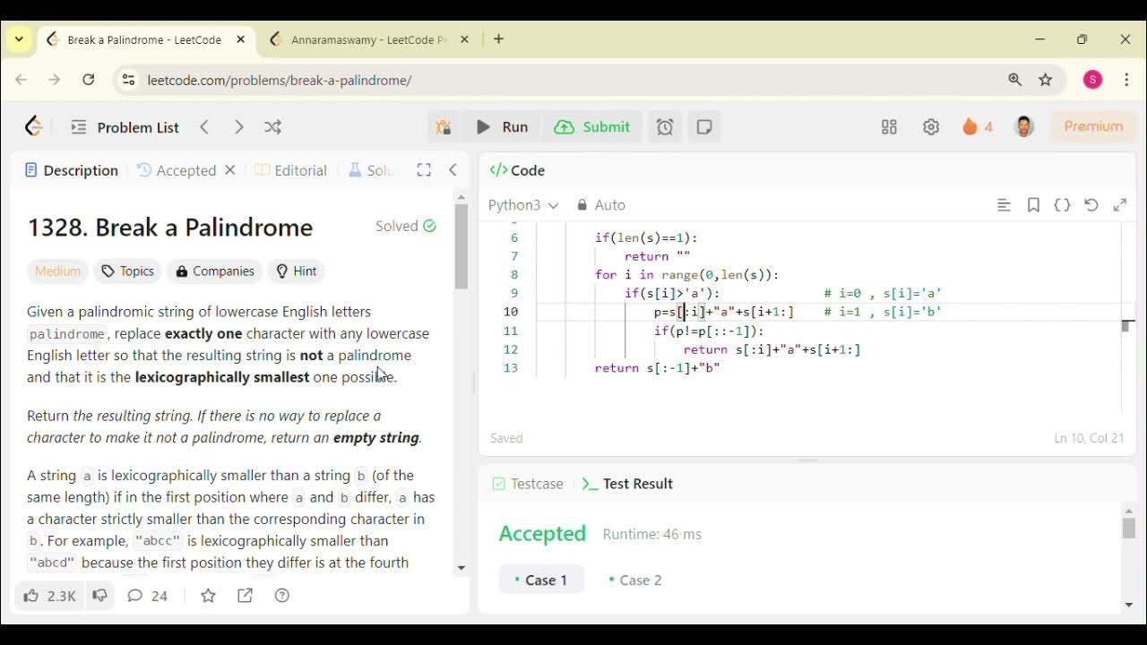Sethu Sai || Ramaswamy Subbiah's Solution || Leetcode || English || Break palindrome - YouTube
