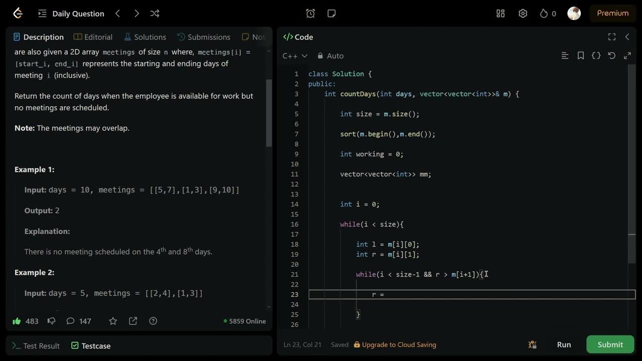 3169. Count Days Without Meetings || hindi || c++ - YouTube
