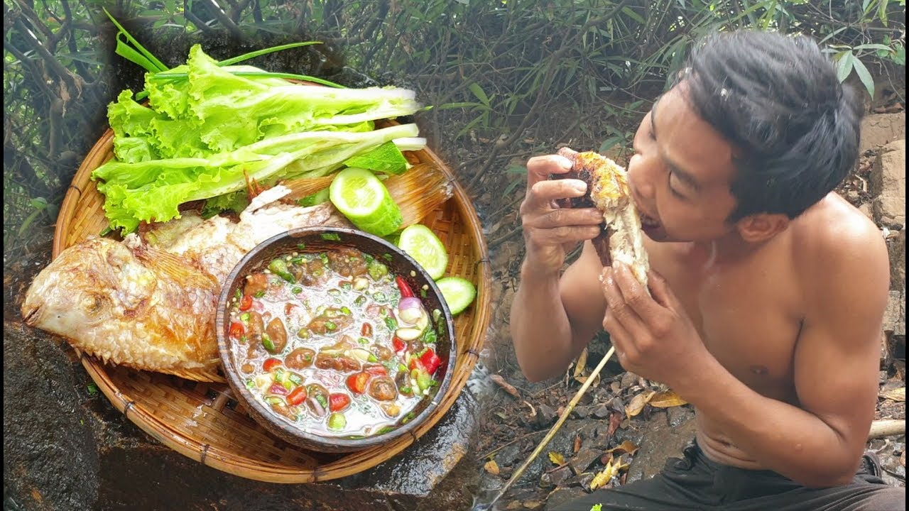 Survival Skills Wild Man Roasted Red Fish / Eating Delicious - YouTube