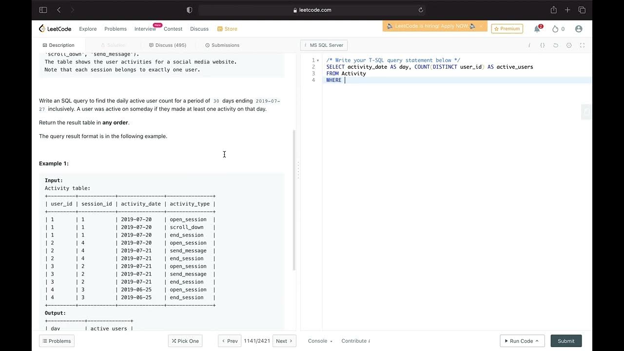 User Activity for the Past 30 Days I #leetcode #mssqlserver #easy - YouTube