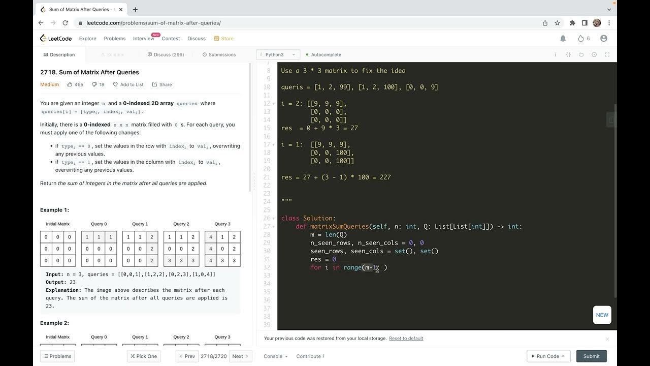 leetcode 2718. Sum of Matrix After Queries - reverse linear scan - YouTube