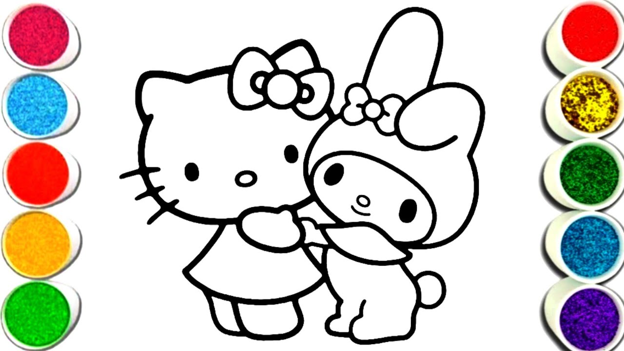 Hello Kitty Hugging her Friend Bunny easy Drawings to Color for Kids ...